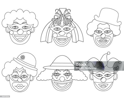 흰색과 검은 색 어릿광대의 헤드 설정 벡터 일러스트입니다 가발에 대한 스톡 벡터 아트 및 기타 이미지 가발 감정 공연 Istock