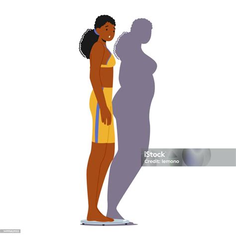 비늘 위에 서 있는 날씬한 여자 캐릭터는 자신의 그림자를 바라보며 자신을 과체중으로 인식한다 가냘픈에 대한 스톡 벡터 아트 및 기타 이미지 Istock