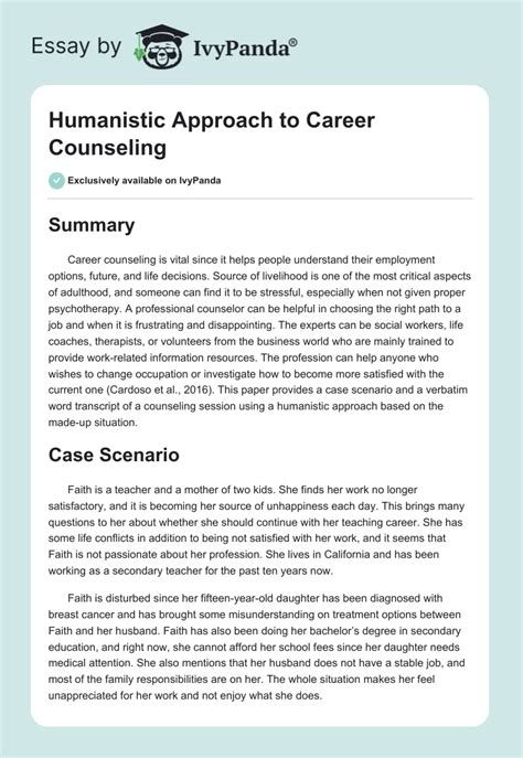Humanistic Approach To Career Counseling 885 Words Case Study Example