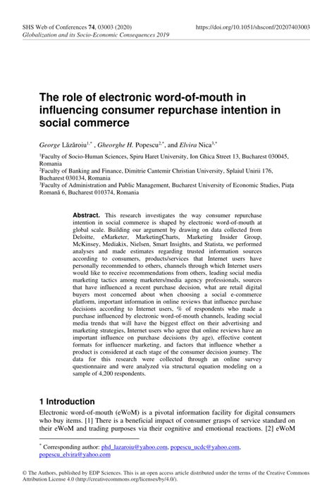 Pdf The Role Of Electronic Word Of Mouth In Influencing Consumer Repurchase Intention In