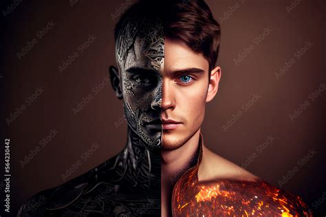 Artificial Intelligence A Futuristic Humanoid Cyber Man With A Neural Network Half Man Half