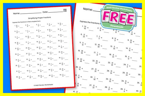 Simplifying Proper Fractions Easy Math Review Worksheets