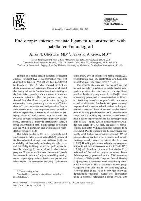 Pdf Endoscopic Anterior Cruciate Ligament Reconstruction With Patella Tendon Autograft