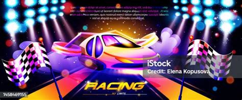 만화 스타일의 스포츠와 승리 개념 추상적인 색 배경에 미래 자동차 경주에 집중합니다 체크 무늬 깃발이 있는 레이스 트랙 결승선