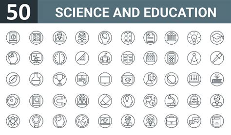 책 계산기 노트북 졸업생 머리 사물함 보고서 프리젠 테이션 다이어그램 웹 디자인 모바일 앱을위한 문서 벡터 얇은 아이콘과 같은 50 개의 개요 웹 과학 및 교육 아이콘 세트