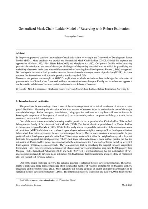 Pdf Generalized Mack Chain Ladder Model Of Reserving With · Pdf