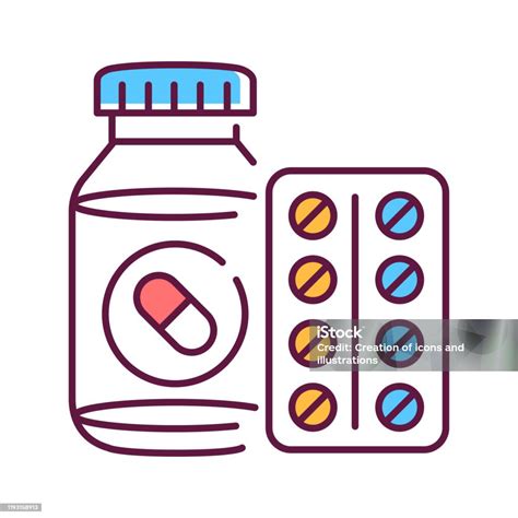 알약 병 및 블리스터 색상 아이콘입니다 의약품 건강 관리 기호입니다 웹 페이지 모바일 앱용 픽토그램 Ui Ux Gui 디자인 요소 편집 가능한 스트로크 0명에 대한 스톡