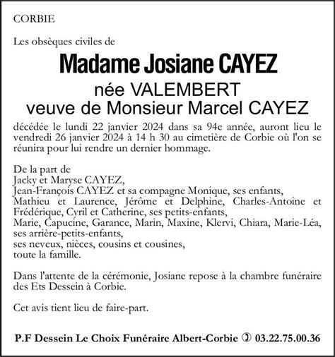 Madame Josiane Cayez Née Valembert Pompes Funèbres Dessein