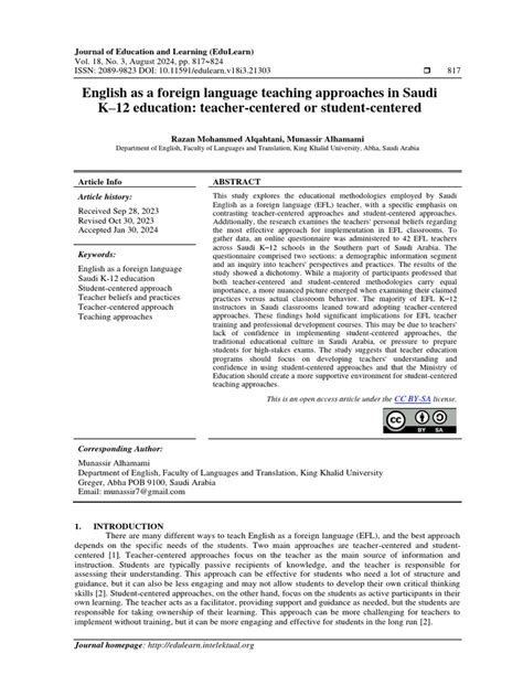 English As A Foreign Language Teaching Approaches In Saudi K 12 Education Teacher Centered Or
