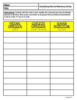 Simplifying Rational Expression Matching Activities By Profx Math