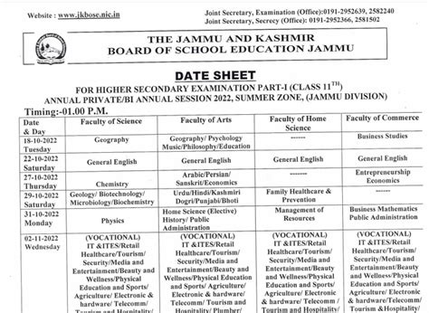 Jkbose Released Datesheet For Class 11th Bi Annual Session 2022 Jk Updates