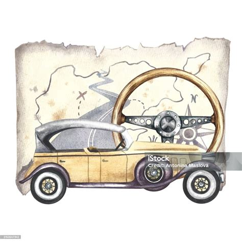 노란색의 빈티지 복고풍 자동차와 복고풍 자동차 스티어링 휠 아스팔트 도로가 고대 지도로 원근감있게 이어집니다 손으로 만든 수채화 일러스트 배너 전단지 포스터용 0명에 대한