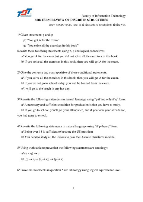 Midterm Review Faculty of Information Technology MIDTERM REVIEW OF DISCRETE STRUCTURES Lưu ý