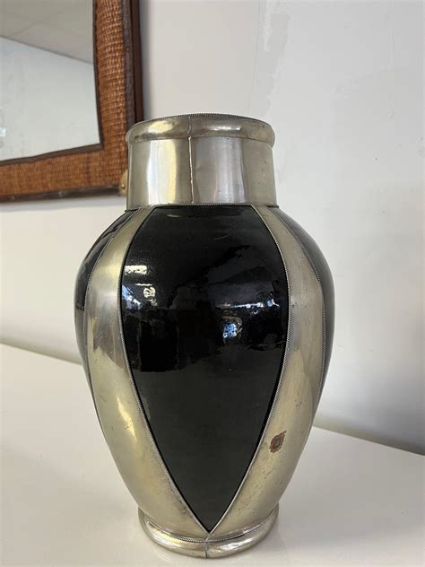 Modern Art Deco Black Glaze Terracotta Vase Silver Detail For Sale At