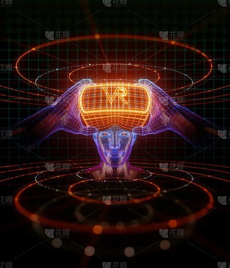 3d渲染，可视化的一个人拿着虚拟现实眼镜，电子设备，头部包围着霓虹灯网格虚拟数据。用户界面。玩家1准素材 花瓣网