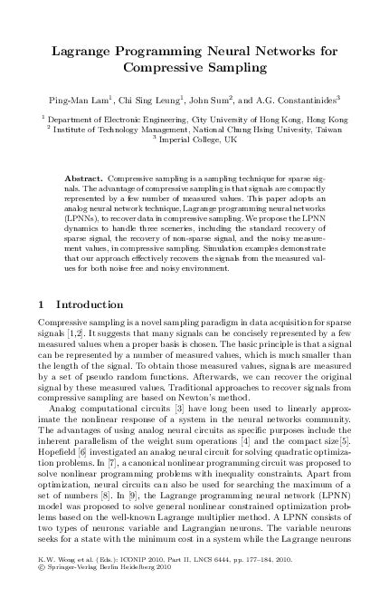 Pdf Lagrange Programming Neural Networks For Compressive Sampling