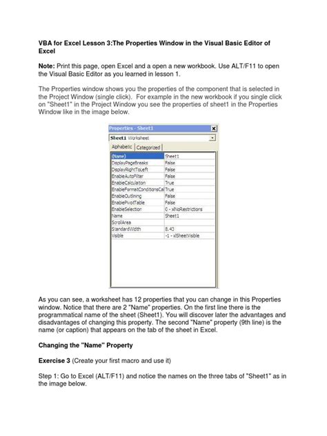 Vba For Excel Lesson 3 The Properties Window In The Visual Basic Editor