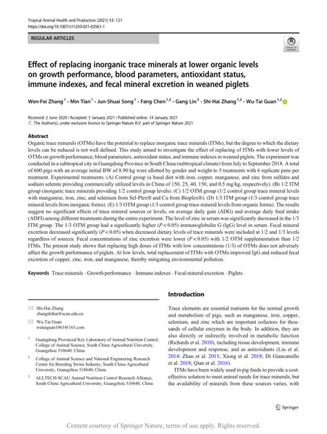 Effect Of Replacing Inorganic Trace Minerals At Lower Organic Levels On Growth Performance