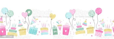 케이크 선물 상자 풍선 및 파티 장식과 함께 재미있는 손으로 그려진 파티 원활한 배경 생일 파티 직물 배너 배경 화면 포장에