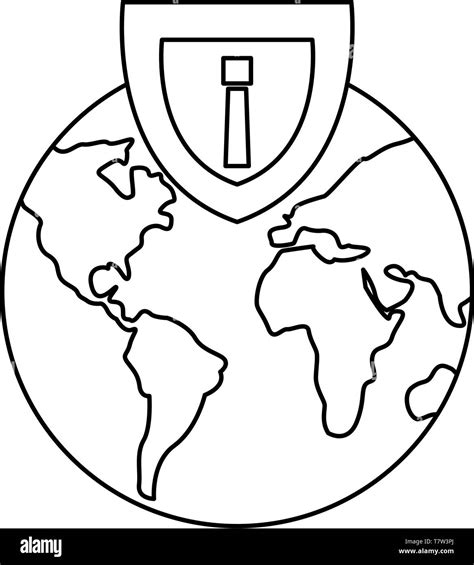 Wolrd Shield Cybersecurity Data Protection Vector Illustration Outline