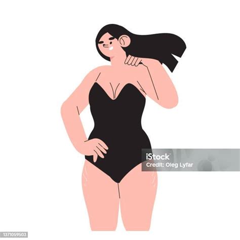 그녀의 몸에 편안한 란제리에 자신감 여자의 벡터 일러스트 몸 긍정적 인 만화 소녀 캐릭터 자기 관리 자부심 여성의 건강 또는 신체 개념을 사랑 불완전에 대한 스톡 벡터 아트