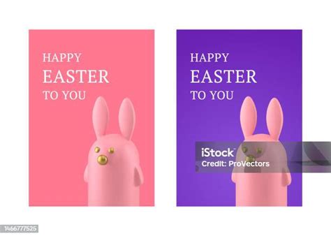 해피 부활절 핑크 토끼 캐릭터 3d 인사말 카드 세트 디자인 템플릿 현실적인 벡터 3차원 형태에 대한 스톡 벡터 아트 및 기타 이미지 3차원 형태 가공의 인물 개체
