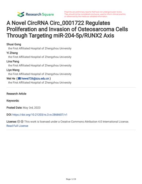 Pdf A Novel Circrna Circ0001722 Regulates Proliferation And Invasion