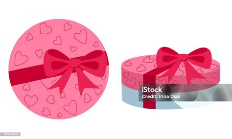 선물 라운드 박스 의 세트 상단과 활과 발렌타인 데이에 대한 마음의 패턴과 측면보기 손으로 그린 핑크 컬러 포장 흰색 배경에 격리된 스톡 벡터 그림 0명에 대한 스톡 벡터