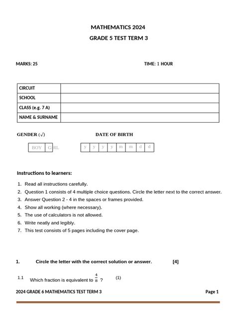 Grade 5 Mathematics Test Term 3 2024 Pdf