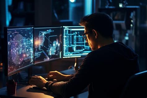 A Man Works On A Computer With A Blue Background And A Man Working On A