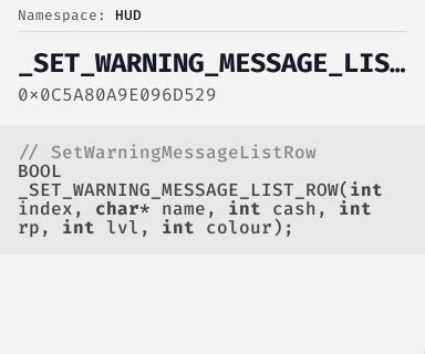 SetWarningMessageListRow FiveM Natives Cfx Re Docs