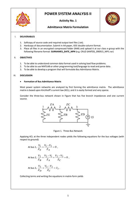 Solution Activity 1 Problem Admittance Matrix Formulation Using Ieee Common Data Format For The