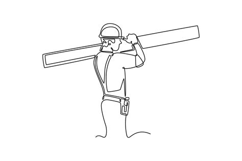Single One Line Drawing Male Construction Worker Wearing Helmet And Glove While Carrying Pile Of