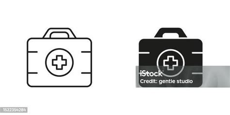 구급 상자 라인과 실루엣 블랙 아이콘 세트 의약품 도구 상자 기호입니다 약물 도움 여행 가방 기호 컬렉션 의사의 의료 응급 사례 픽토그램 격리된 벡터 그림 가방에 대한 스톡