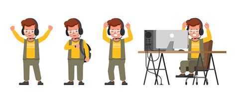 게이머 키드 캐릭터 벡터 디자인 감정과 다양한 행동의 프리젠 테이션 게이머에 대한 스톡 벡터 아트 및 기타 이미지 게이머 E스포츠 등장인물 Istock