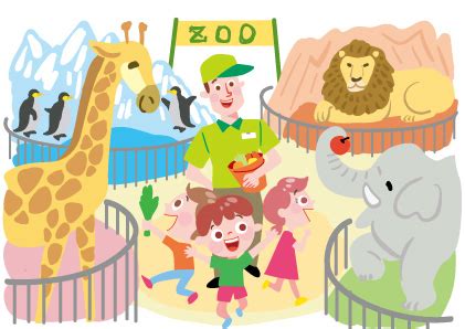 飼育員や公園管理員のイラストと動物の飼育展示地区のイラストマップ ZONE Zoological ZoneUP DOWN TOWN