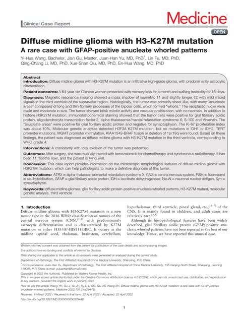 PDF Diffuse Midline Glioma With H3 K27M Mutation