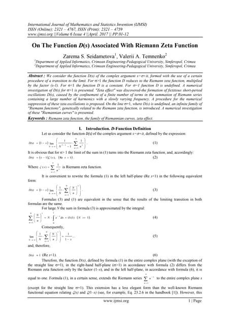 On The Function D S Associated With Riemann Zeta Function Pdf