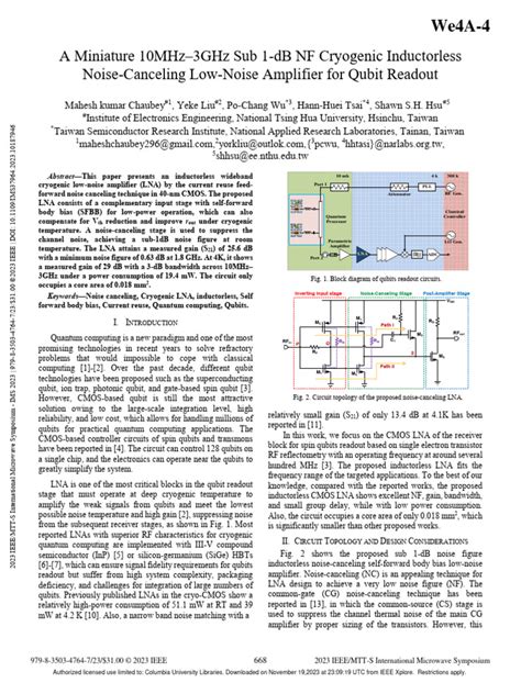 A Miniature 10mhz 3ghz Sub 1 Db Nf Cryogenic Inductorless Noise Canceling Low Noise Amplifier