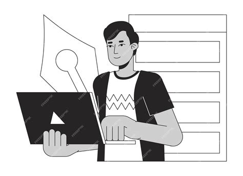 Premium Vector Handsome Indian Man Typing On Laptop Bw Concept Vector Spot Illustration User