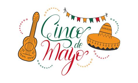 멕시코에 있는 Cinco 데 마요 필기 글자입니다 전통적인 멕시코 휴가를 위한 스타일 서 예 기타 솜브레로 플래그 및 기타 요소와 낙서 행복 한 축제 파티 벡터 일러스트