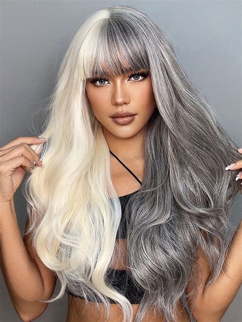 Two Tone Long Curly Synthetic Wig With Bangs 100 Human Hair Wigs Wig