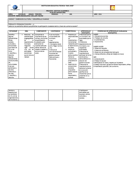 Formato Plan De Asignatura Sociales 2024 Pdf Aprendizaje Maestros