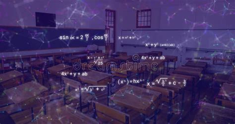 Animation Of Mathematical Equations And Network Of Connections Over Empty Classroom Stock