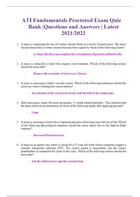 ATI Fundamentals Proctored Exam Quiz Bank Questions And Answers