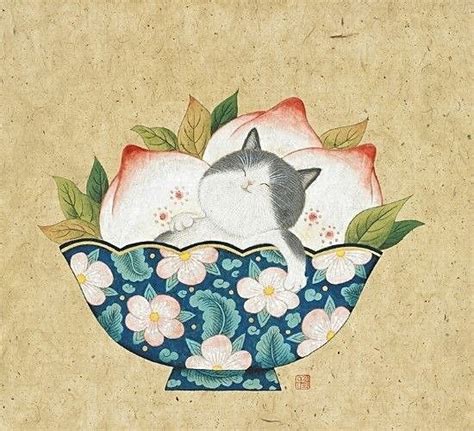 수면하는 고양이의 수채화 그림