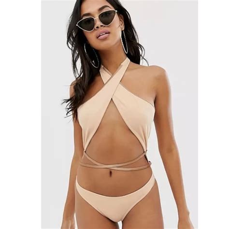Asos Swim Asos Cross Neck Strappy One Piece High Leg Swimsuit In