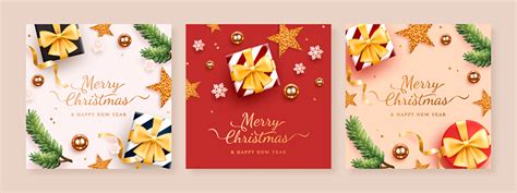 메리 크리스마스와 선물과 장식품이있는 새해 현실적인 사각형 배경 세트 벡터 일러스트레이션 3차원 형태에 대한 스톡 벡터 아트 및 기타 이미지 3차원 형태 크리스마스