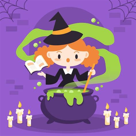 Premium Vector Cute Halloween Witch Making A Spell In Cauldron
