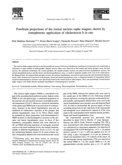 Pdf Forebrain Projections Of The Rostral Nucleus Raphe Magnus Shown By Iontophoretic